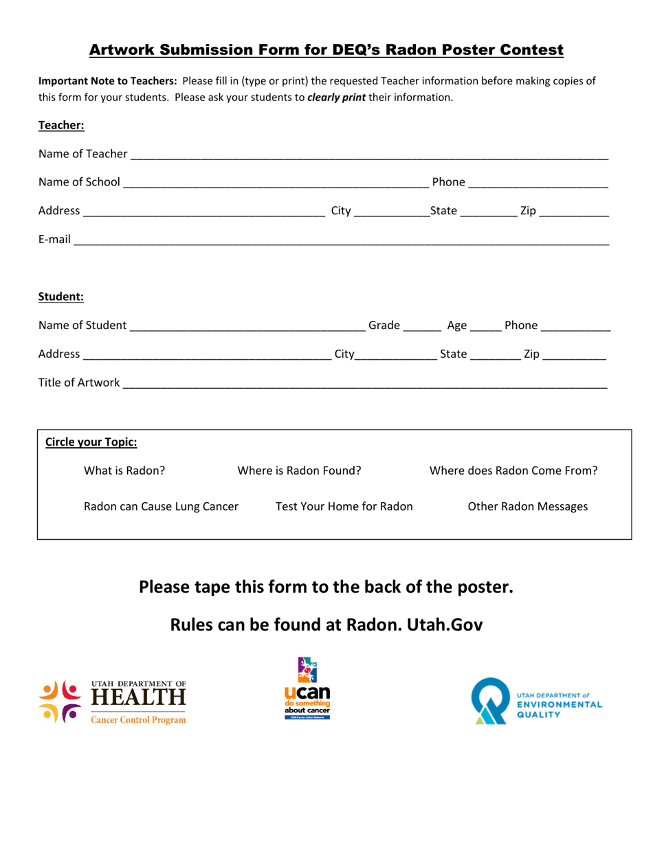 Utah Artwork Submission Form for DEQ's Radon Poster Contest - Fill Out ...