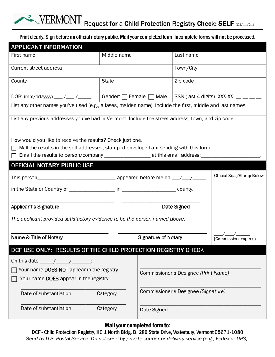 Vermont Request for a Child Protection Registry Check: Self - Fill Out, Sign Online and Download ...