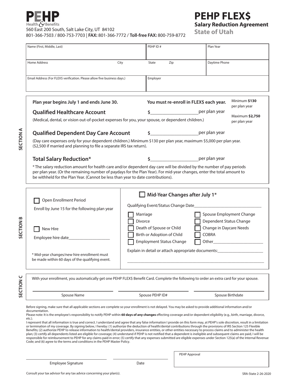 Utah Pehp Flex$ Salary Reduction Agreement - Fill Out, Sign Online and ...
