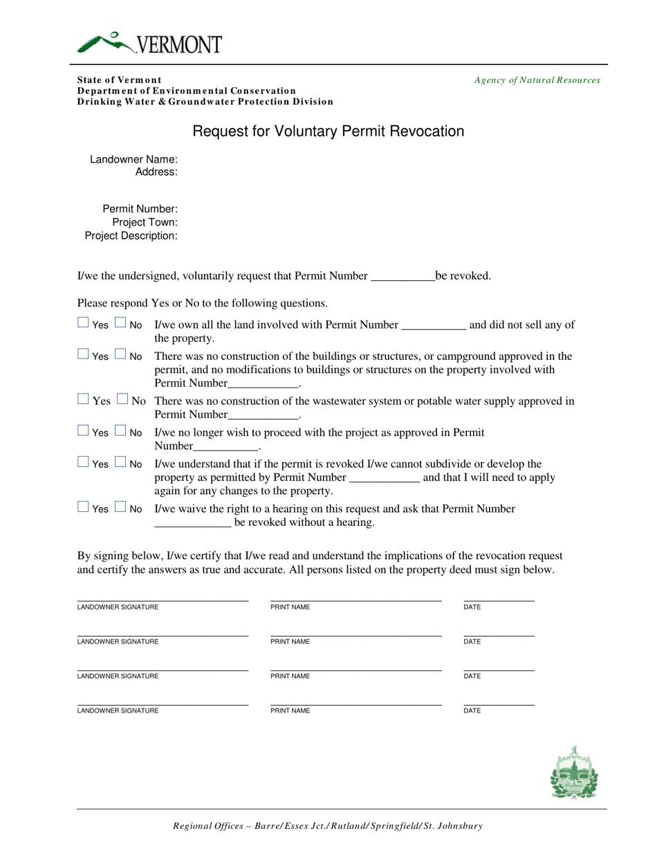 Vermont Request for Voluntary Permit Revocation - Fill Out, Sign Online ...