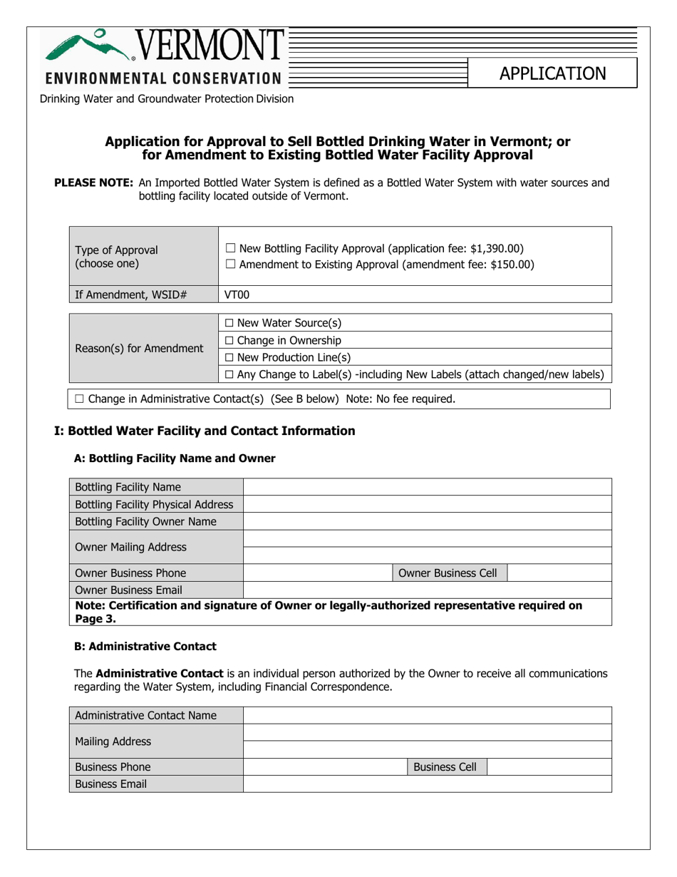 Vermont Application for Approval to Sell Bottled Drinking Water in ...