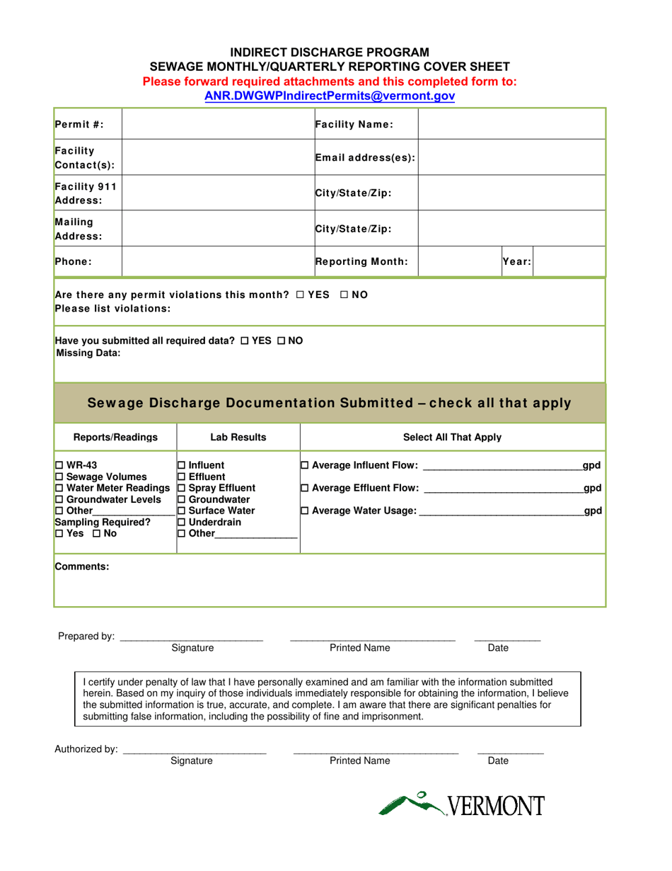 Vermont Sewage Monthly/Quarterly Reporting Cover Sheet - Indirect ...
