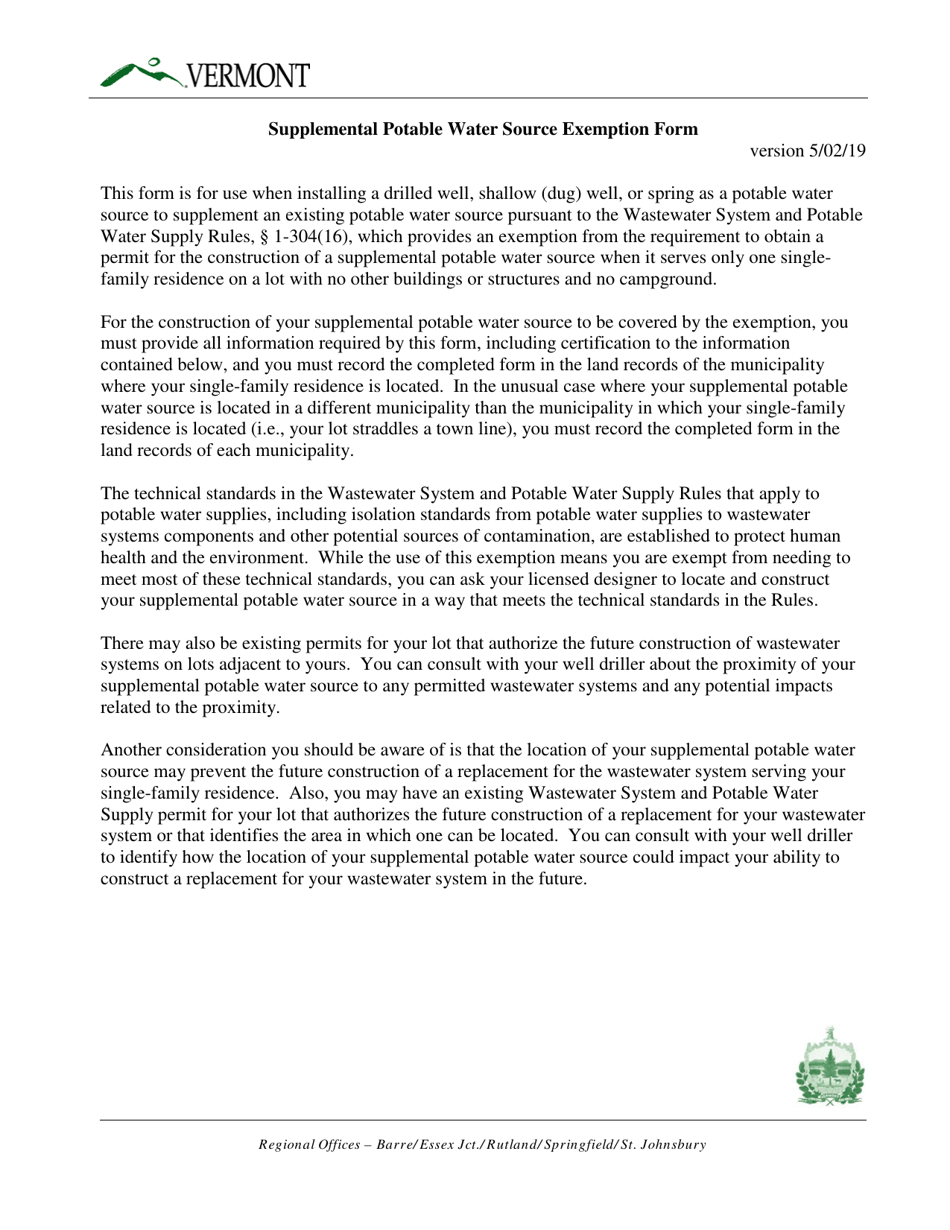 Vermont Supplemental Potable Water Source Exemption Form - Fill Out ...
