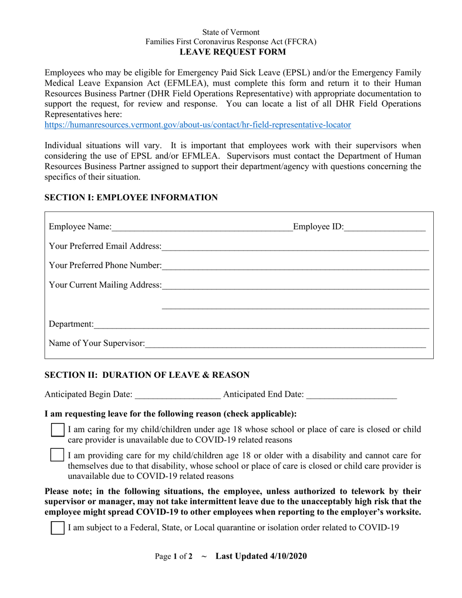 Vermont Ffcra Leave Request Form - Fill Out, Sign Online and Download ...