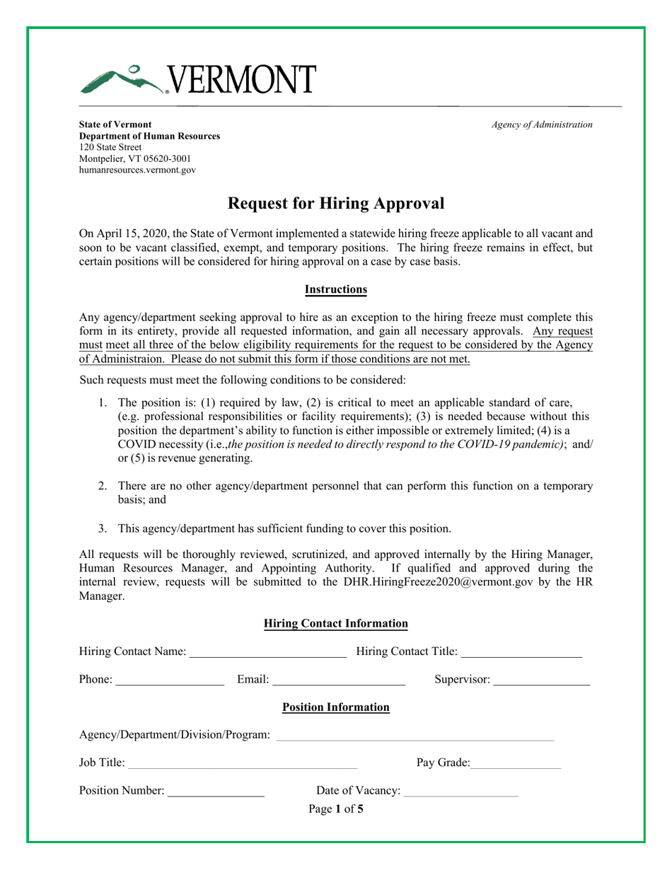 Vermont Request for Hiring Approval - Fill Out, Sign Online and ...