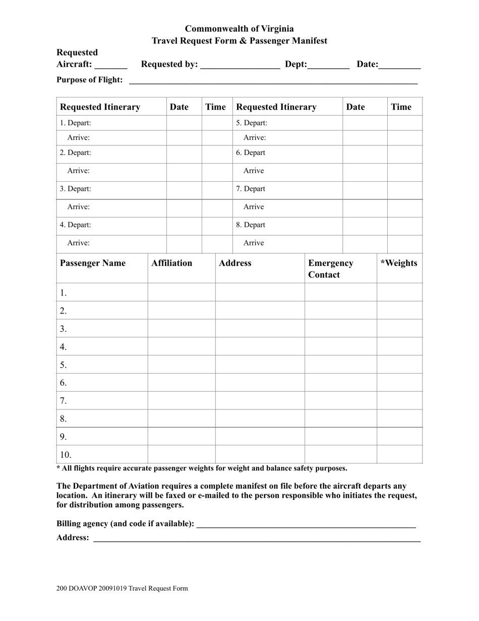 Virginia Travel Request Form & Passenger Manifest - Fill Out, Sign ...