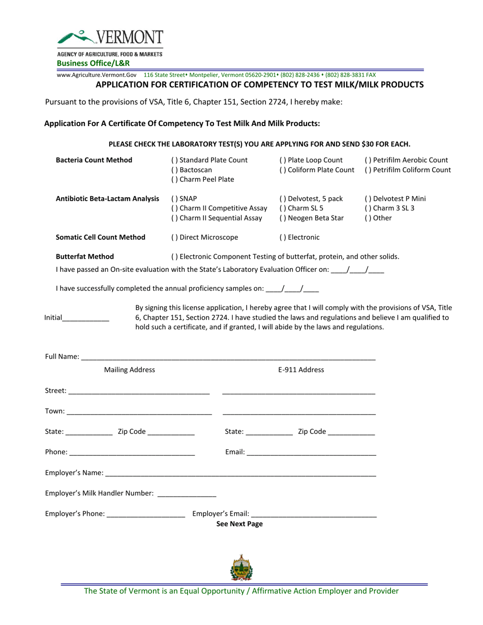 Vermont Application for Certification of Competency to Test Milk/Milk ...