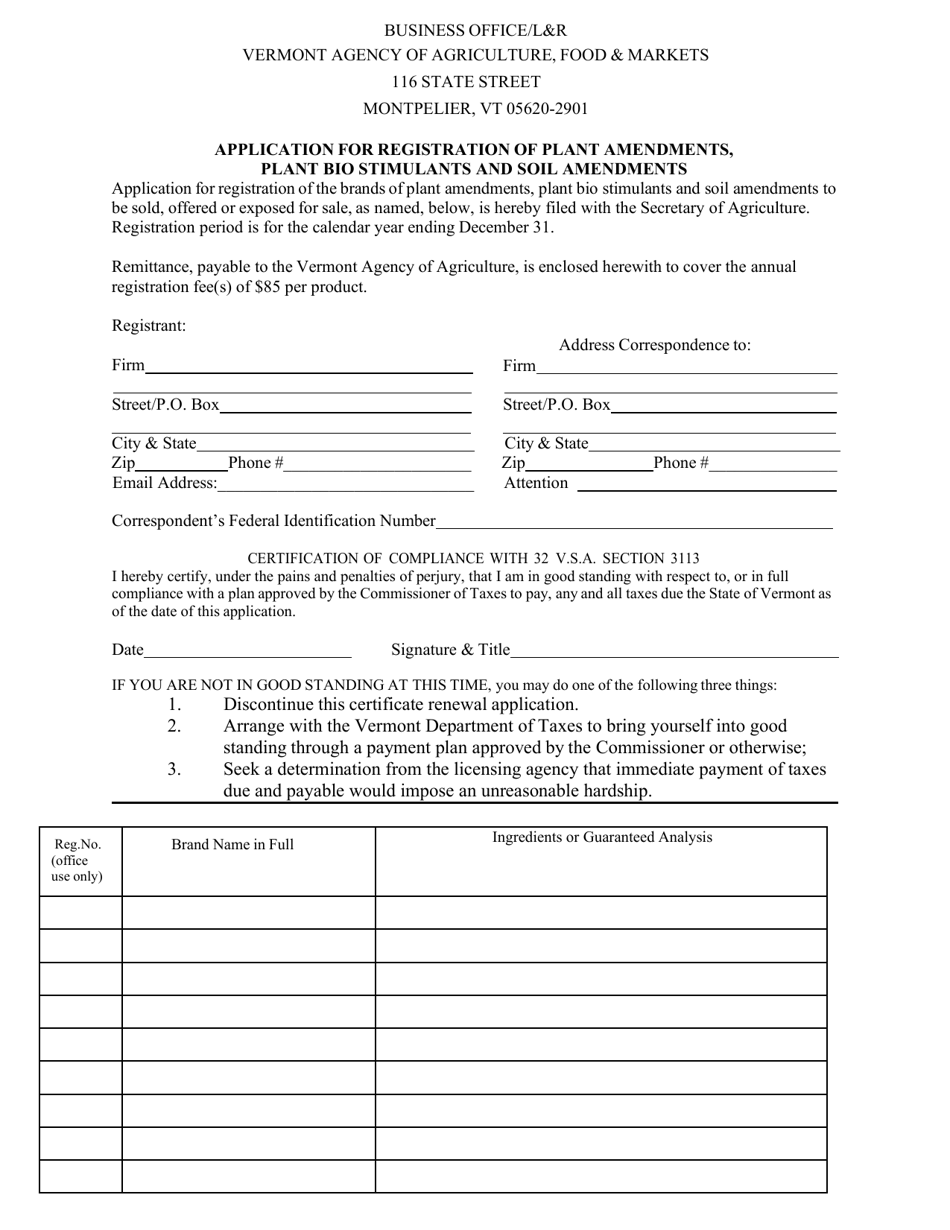 Vermont Application for Registration of Plant Amendments, Plant Bio ...
