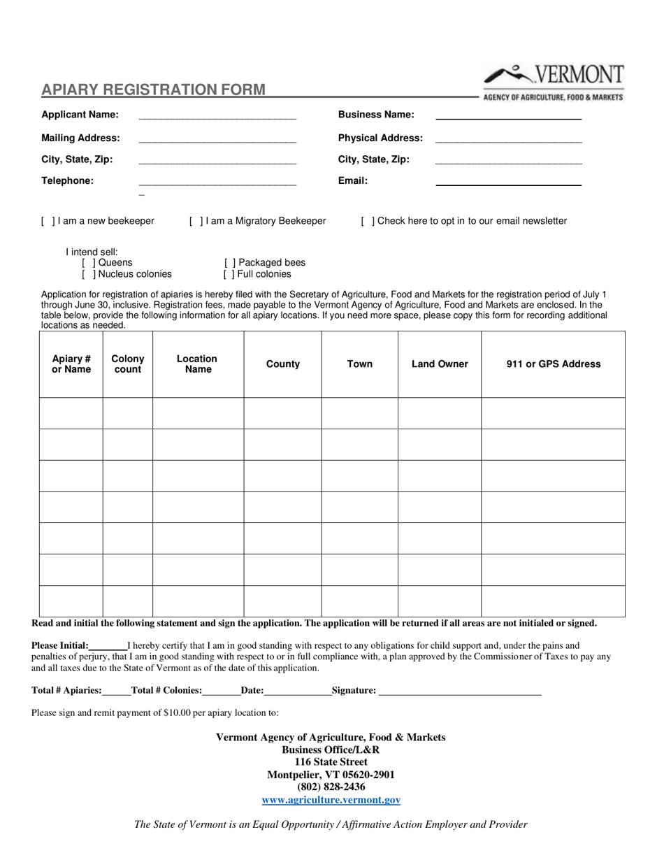 Vermont Apiary Registration Form - Fill Out, Sign Online and Download ...