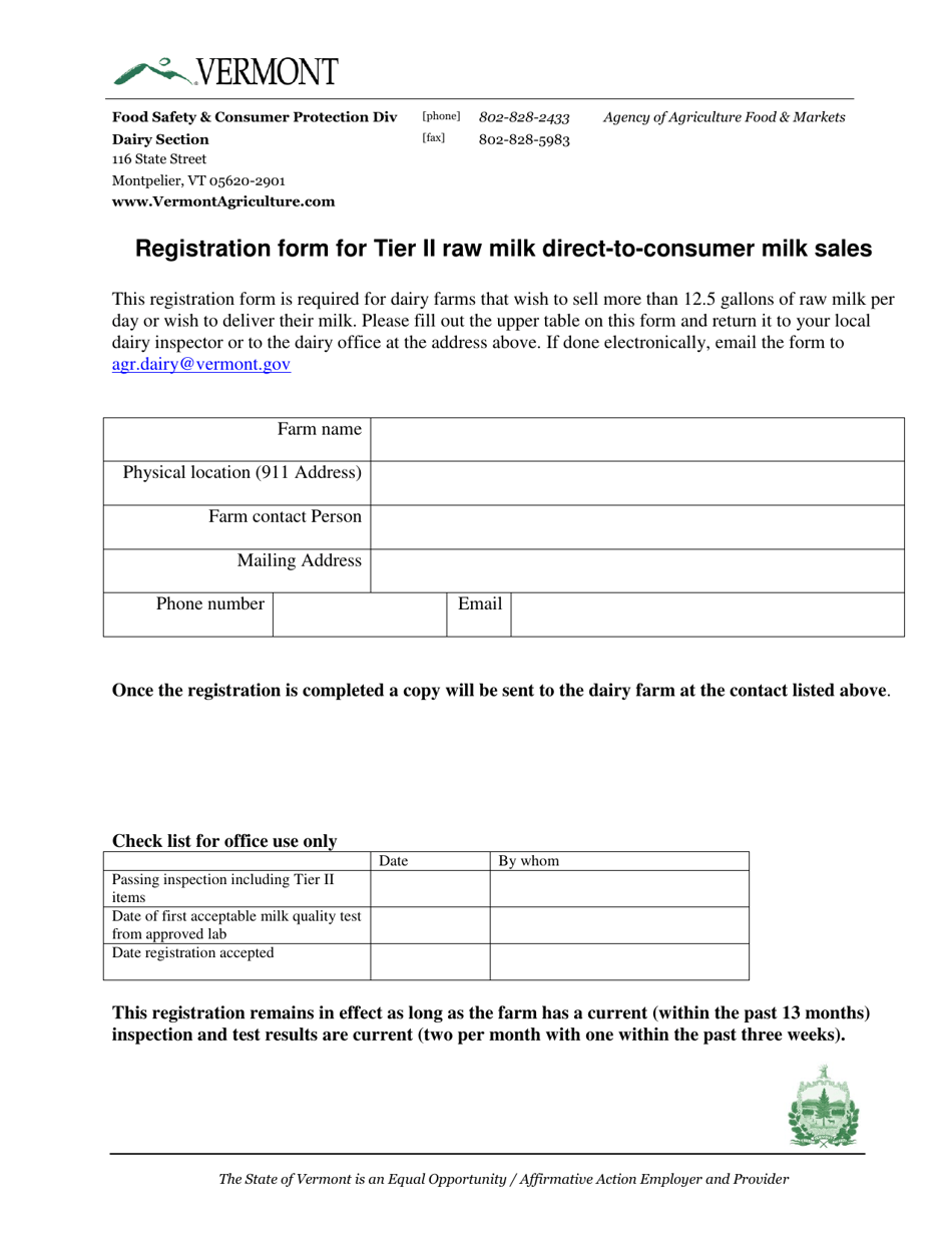 Vermont Registration Form for Tier II Raw Milk Direct-To-Consumer Milk ...