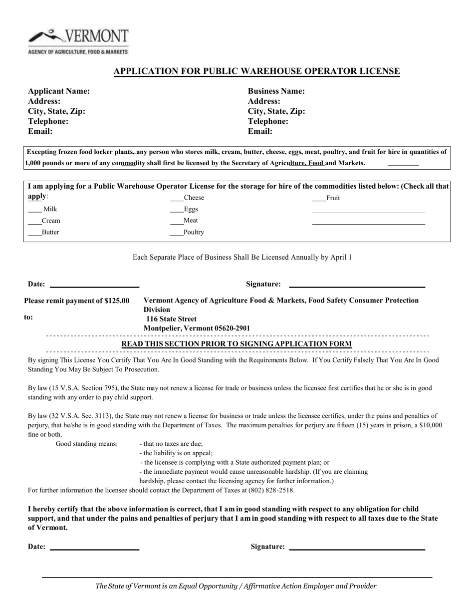 Vermont Application for Public Warehouse Operator License - Fill Out ...
