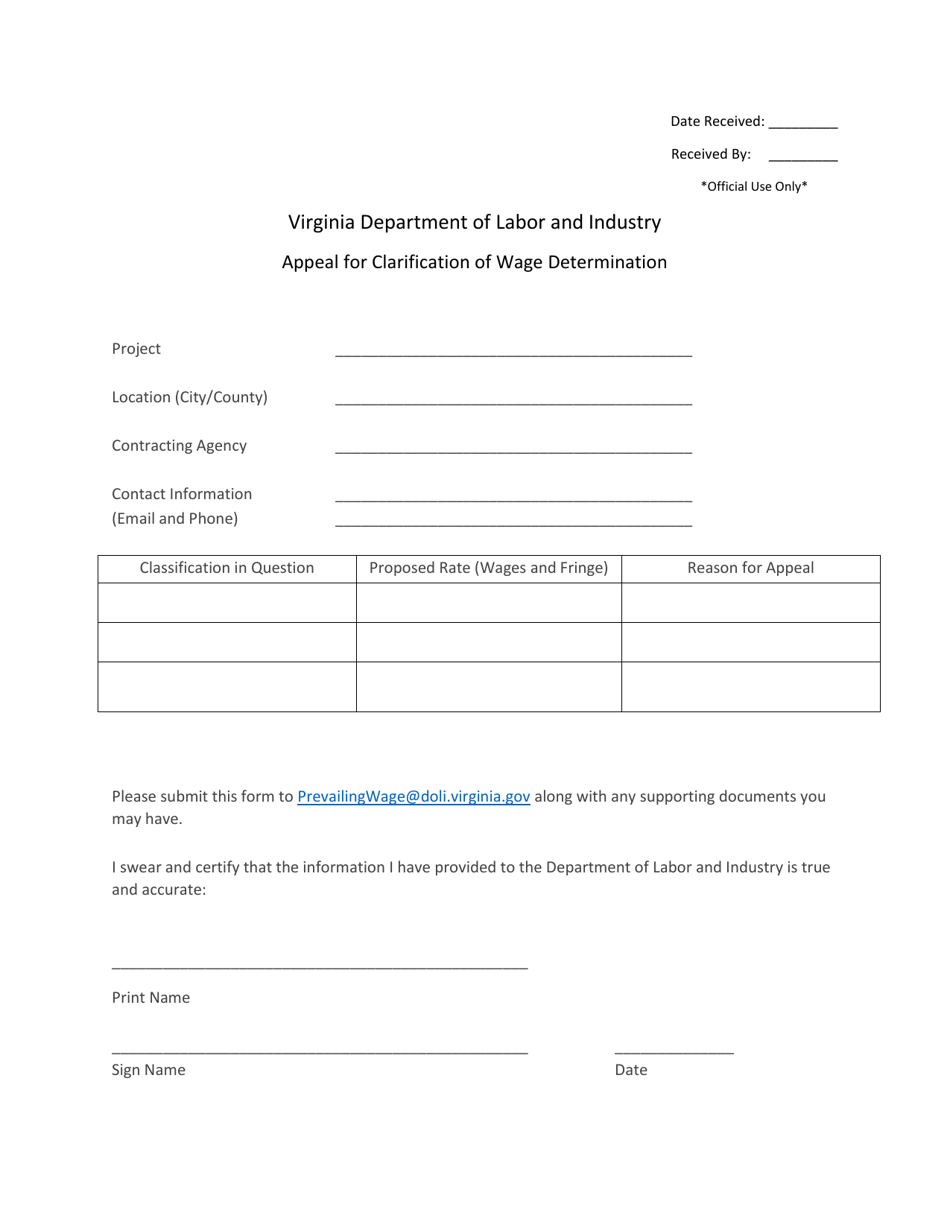 Virginia Appeal for Clarification of Wage Determination - Fill Out, Sign Online and Download PDF ...