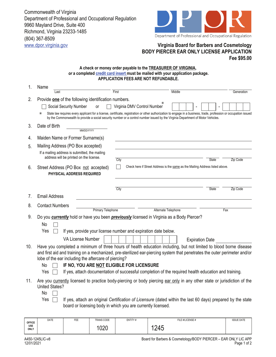 Form A450-1245LIC - Fill Out, Sign Online and Download Fillable PDF ...
