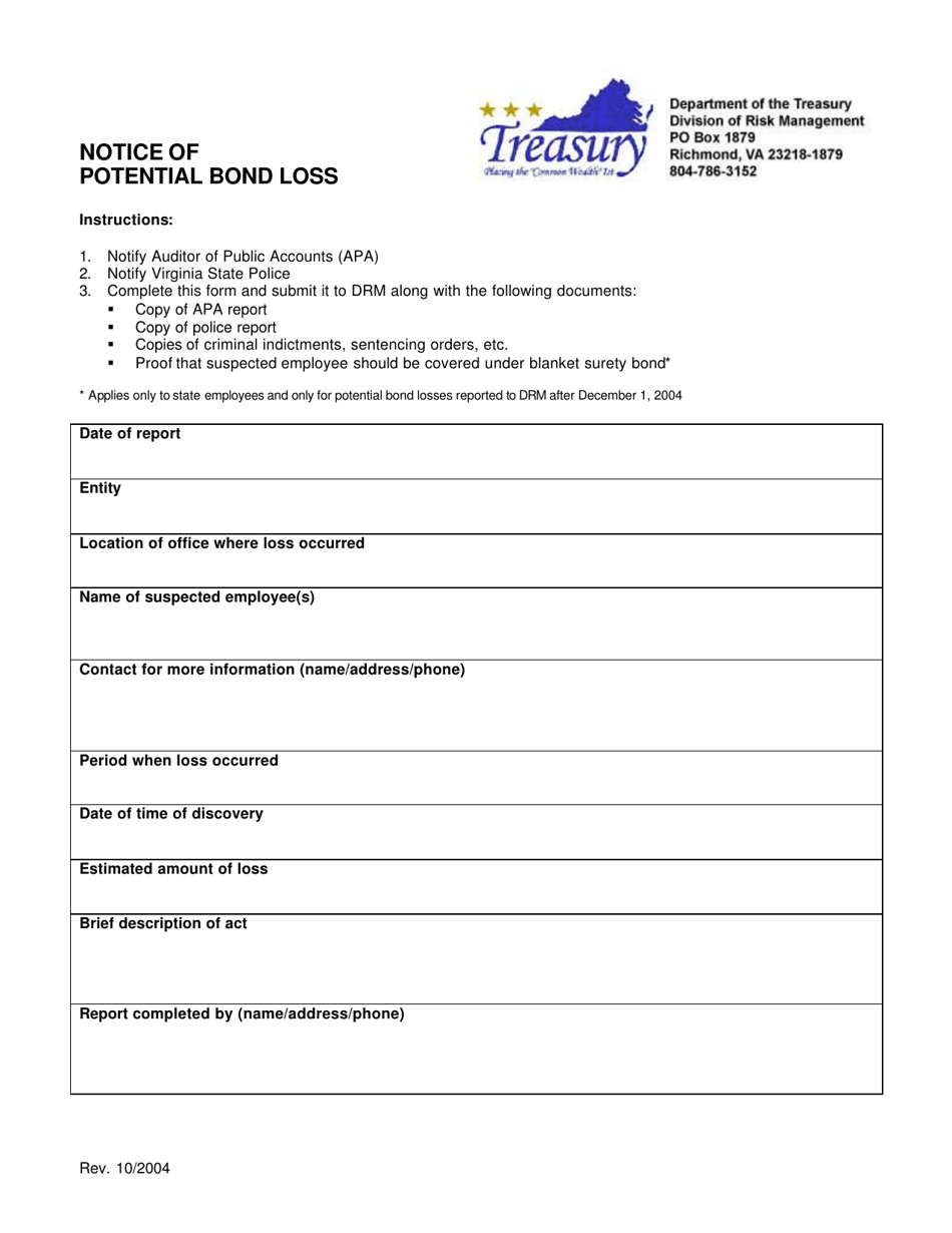 Virginia Notice of Potential Bond Loss - Fill Out, Sign Online and ...