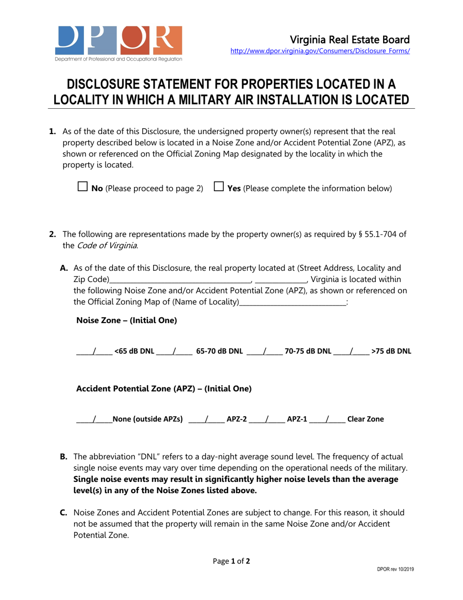 Virginia Disclosure Statement for Properties Located in a Locality in ...