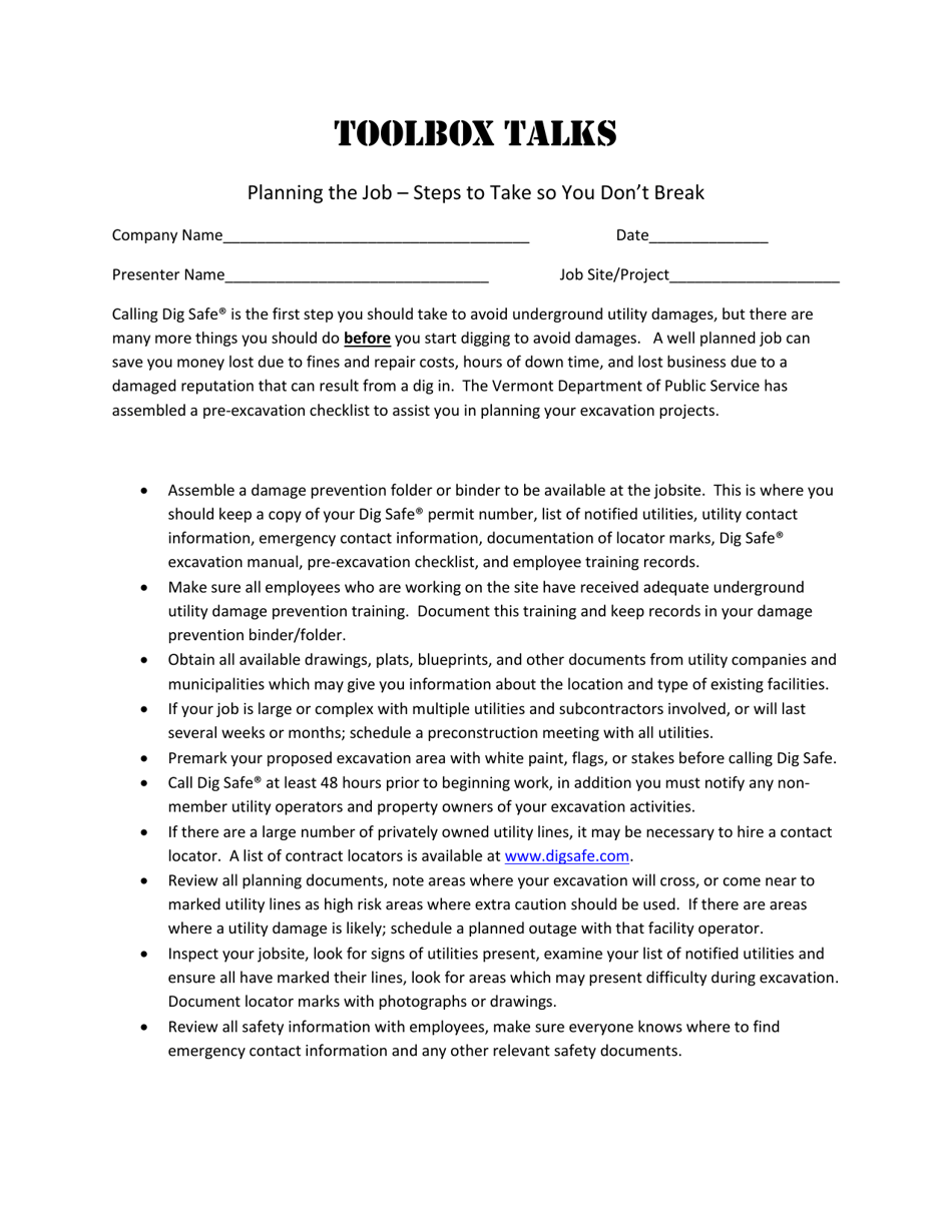 Vermont Toolbox Talks - Planning the Job - Steps to Take so You Don't ...
