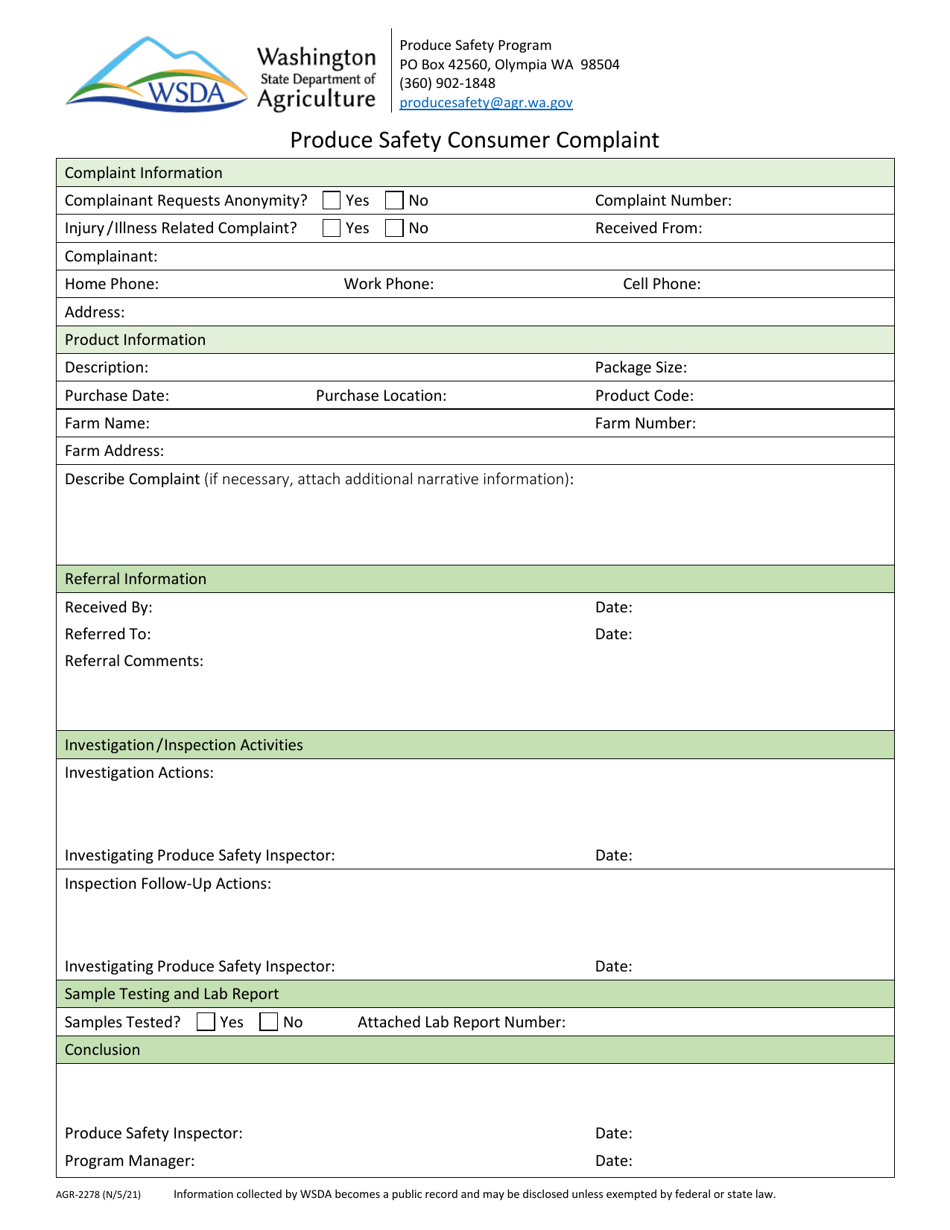 Form AGR-2278 - Fill Out, Sign Online and Download Fillable PDF, Washington | Templateroller