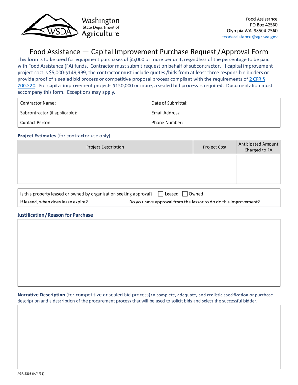 Form AGR-2308 - Fill Out, Sign Online and Download Fillable PDF, Washington | Templateroller