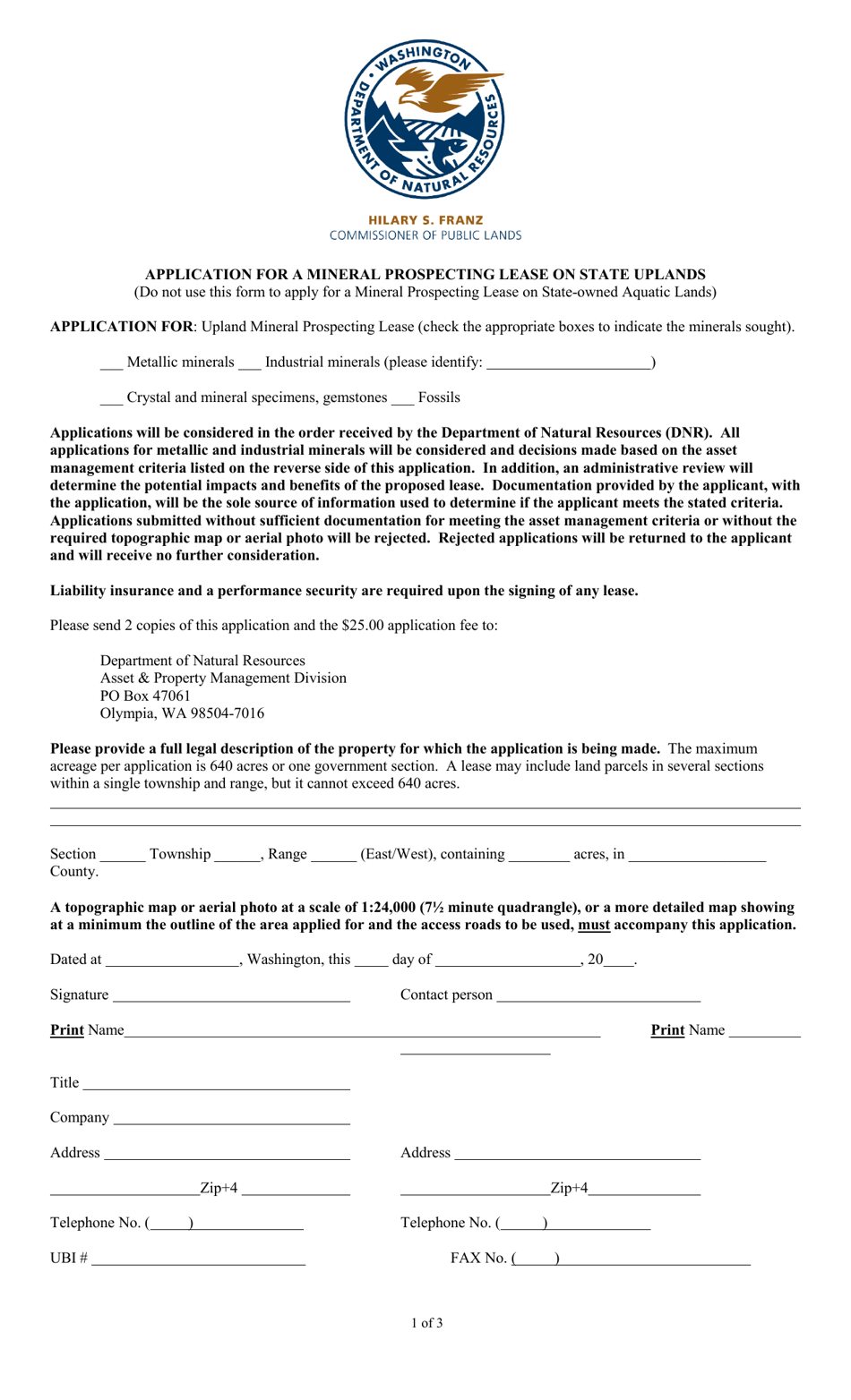Washington Application for a Mineral Prospecting Lease on State Uplands ...