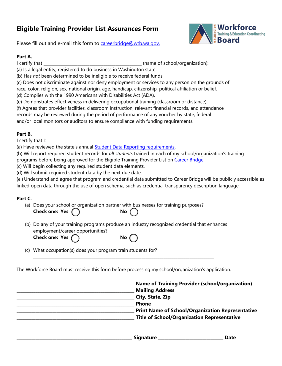 Washington Eligible Training Provider List Assurances Form - Fill Out ...