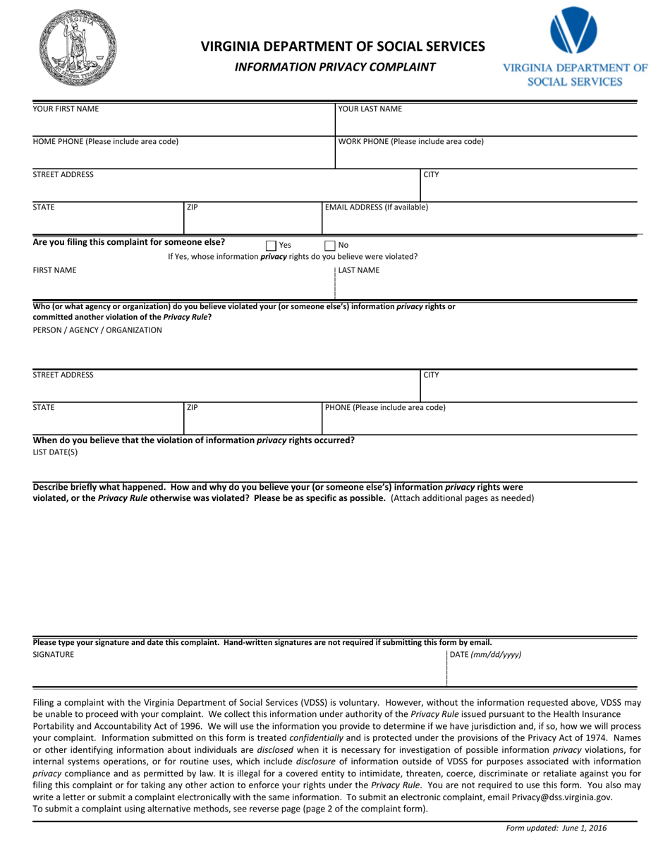 Virginia Information Privacy Complaint - Fill Out, Sign Online and ...