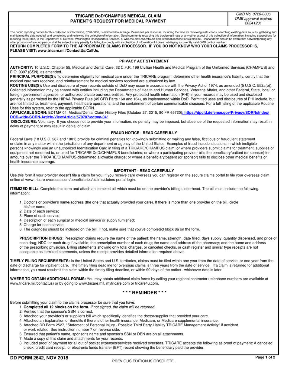 DD Form 2642 Download Fillable PDF or Fill Online CHAMPUS Claim Patient ...