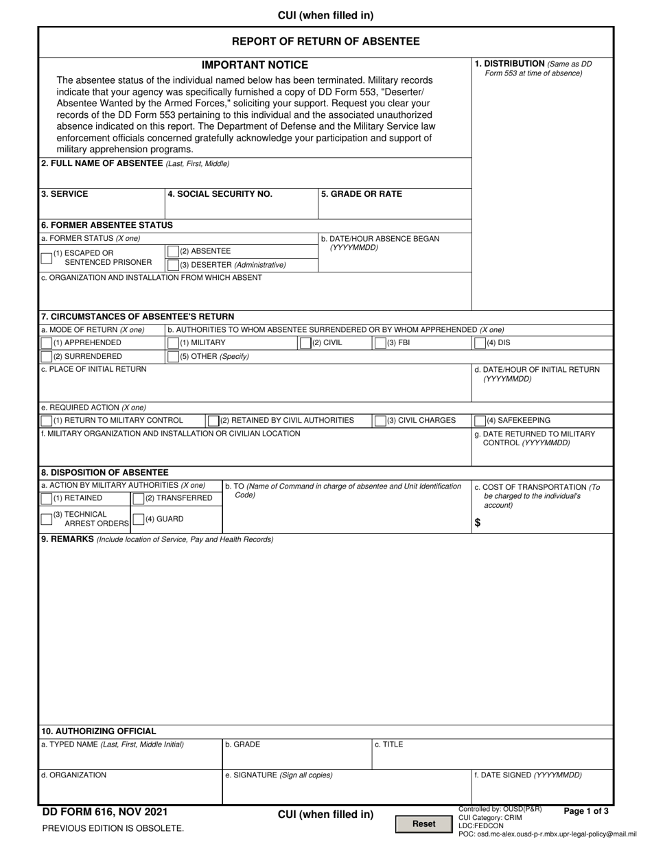 DD Form 616 Download Fillable PDF or Fill Online Report of Return of ...