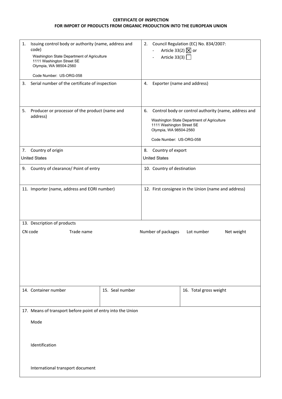Washington Certificate of Inspection for Import of Products From ...