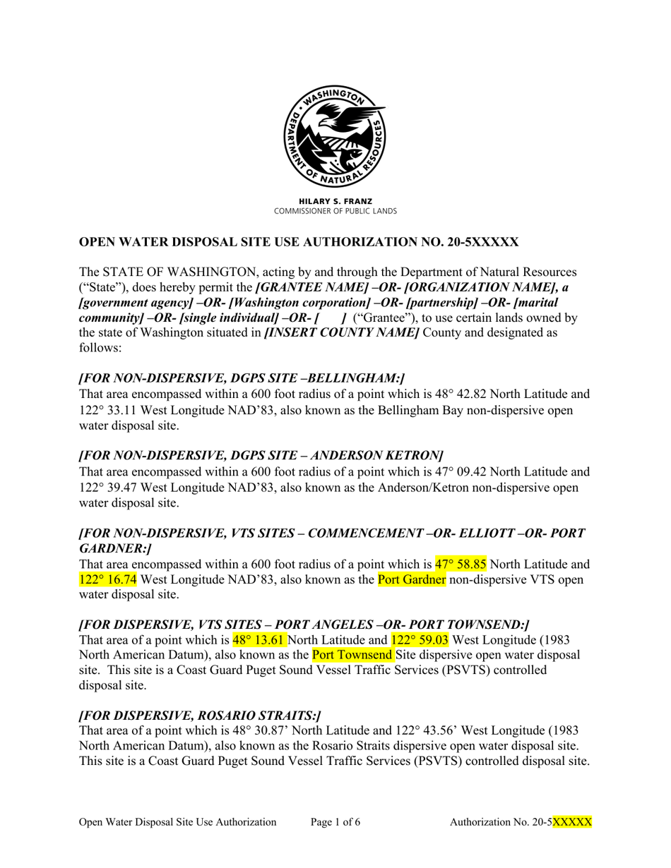 Washington Sample Open Water Disposal Site Use Authorization for Dmmp ...