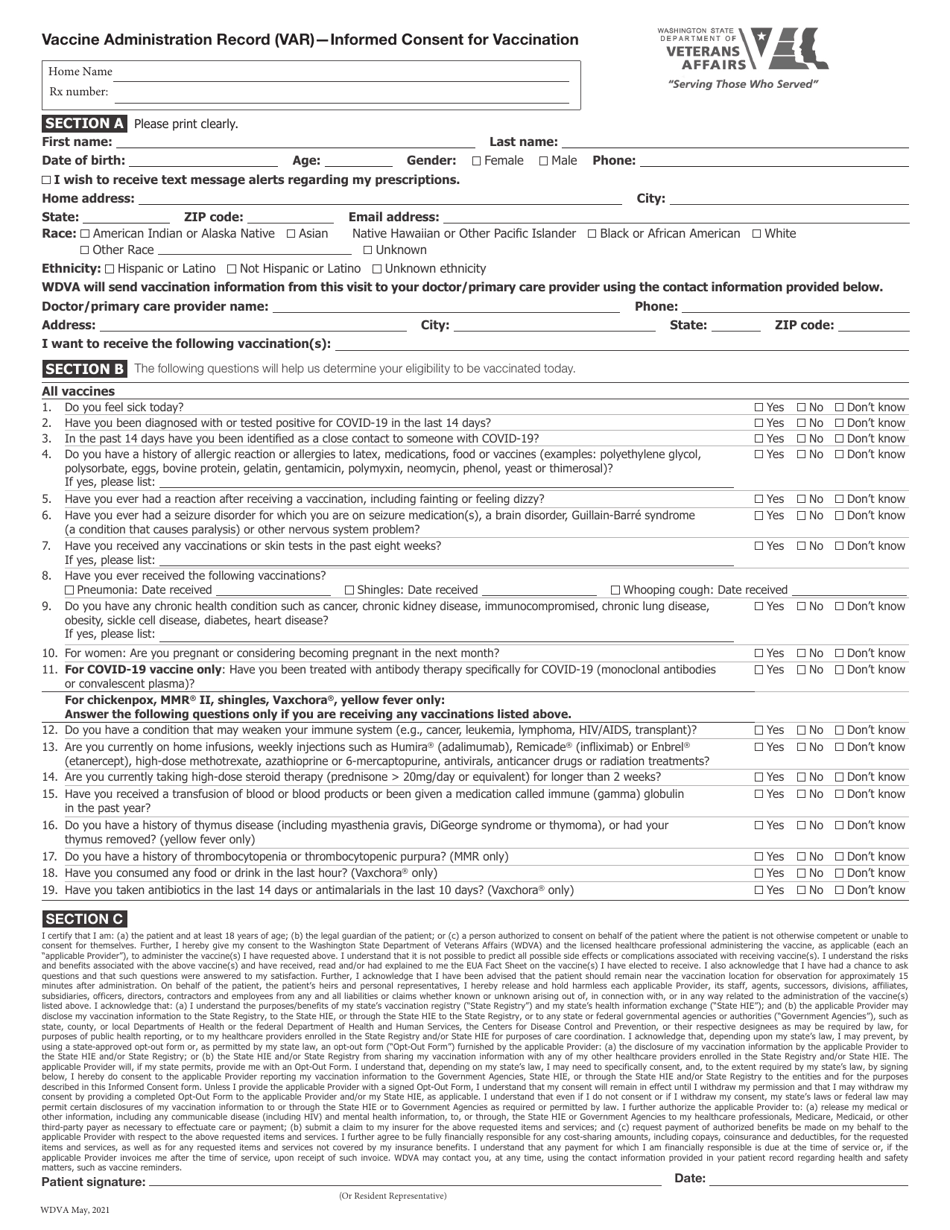 Washington Vaccine Administration Record (Var) - Informed Consent for ...