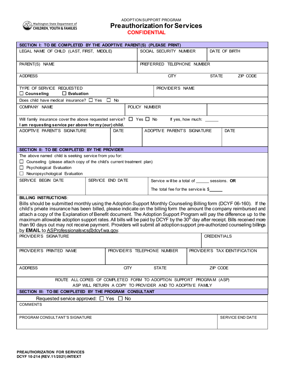 DCYF Form 10-214 Download Fillable PDF or Fill Online Preauthorization ...