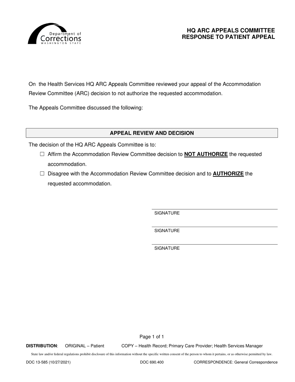 Form DOC13-585 Download Printable PDF or Fill Online HQ ARC Appeals ...