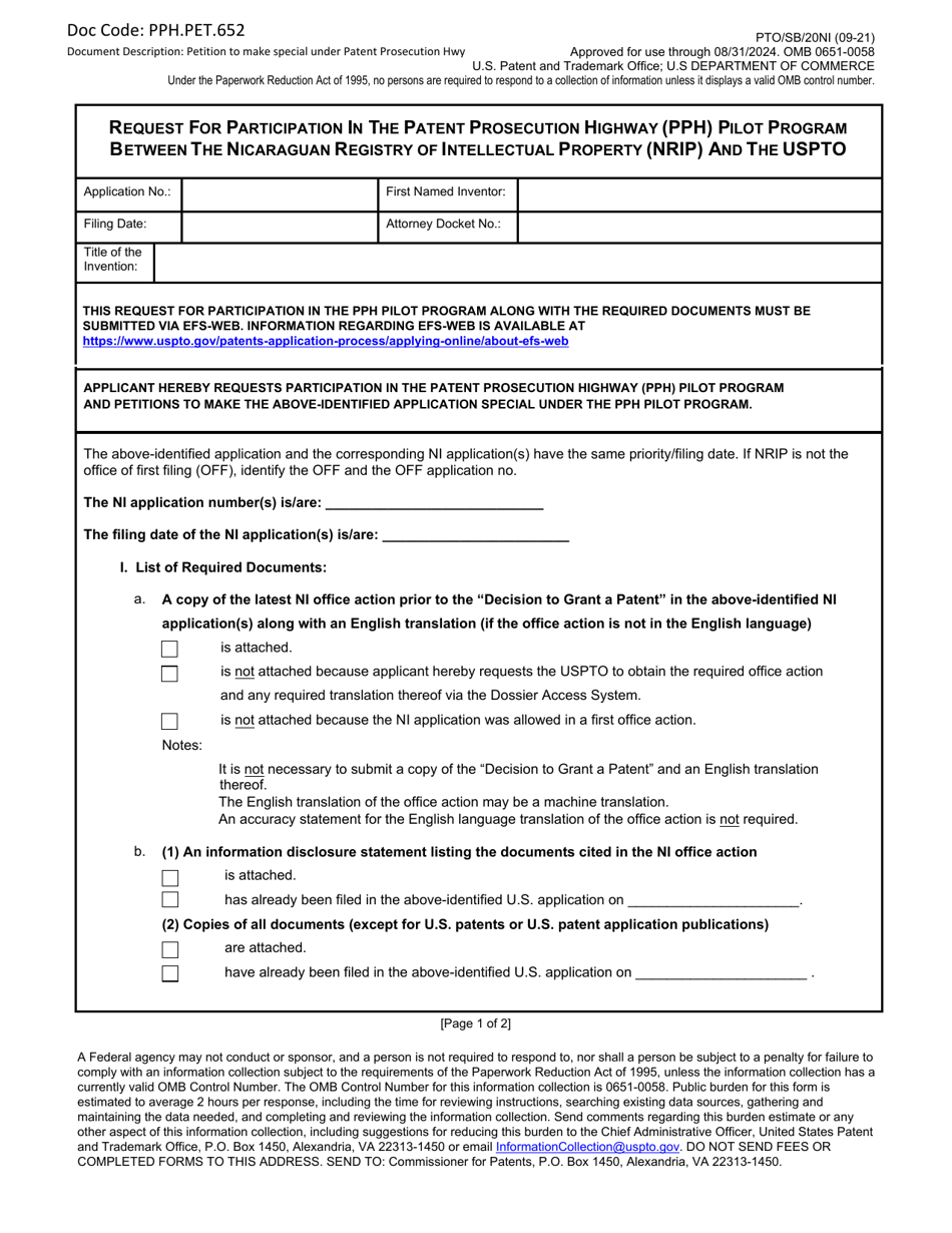 Form PTO/SB/20NI Download Fillable PDF or Fill Online Request for Participation in the Patent ...