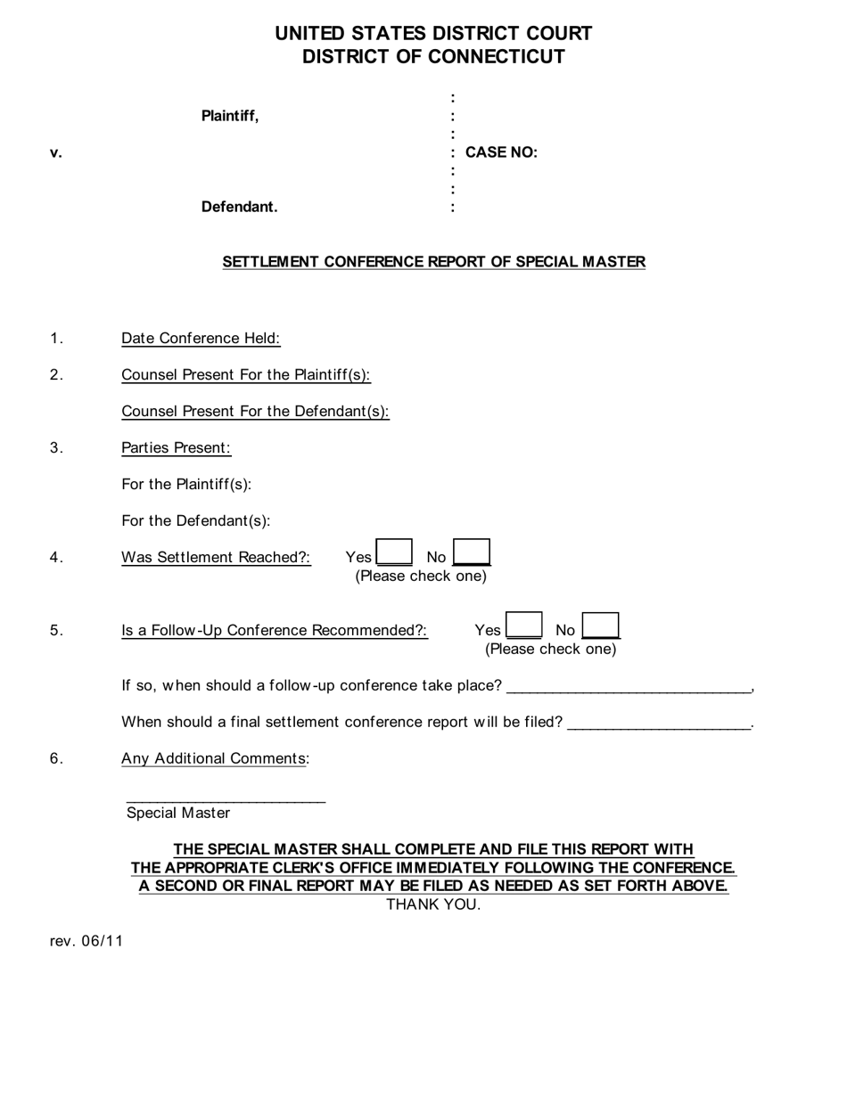 Connecticut Settlement Conference Report of Special Master - Fill Out ...