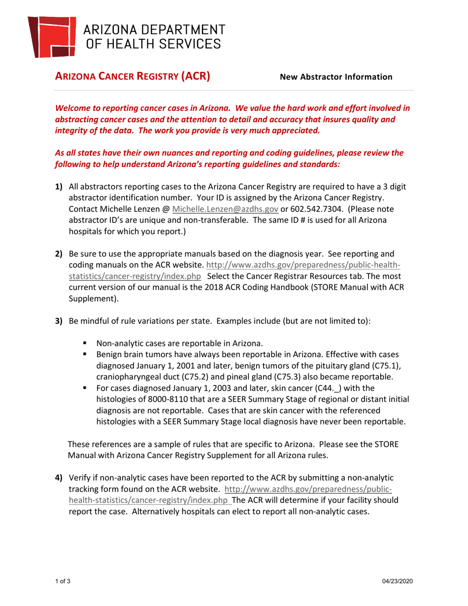 Arizona New Abstractor Information - Arizona Cancer Registry (Acr ...