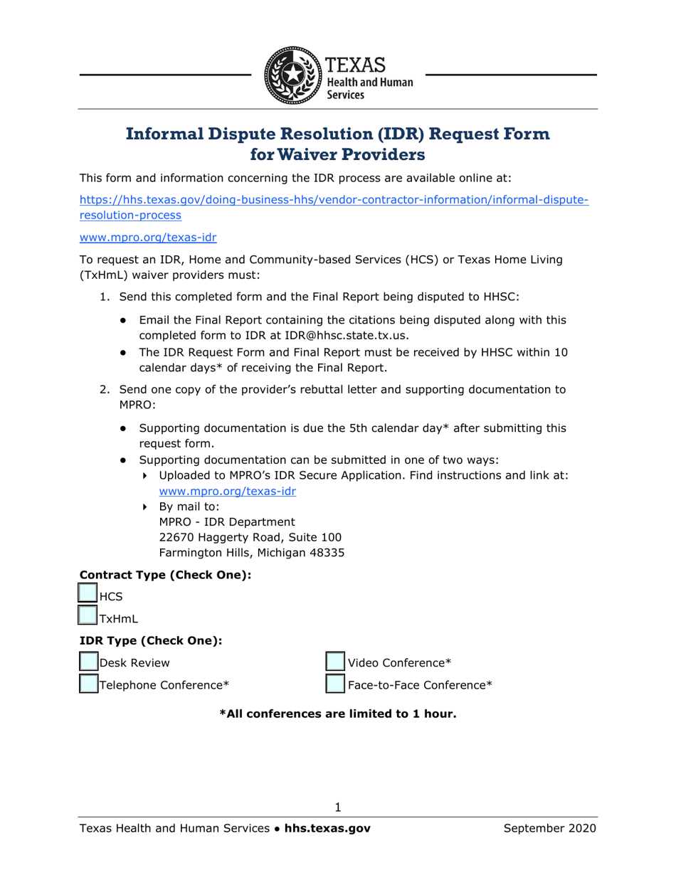 Texas Informal Dispute Resolution (Idr) Request Form for Waiver ...