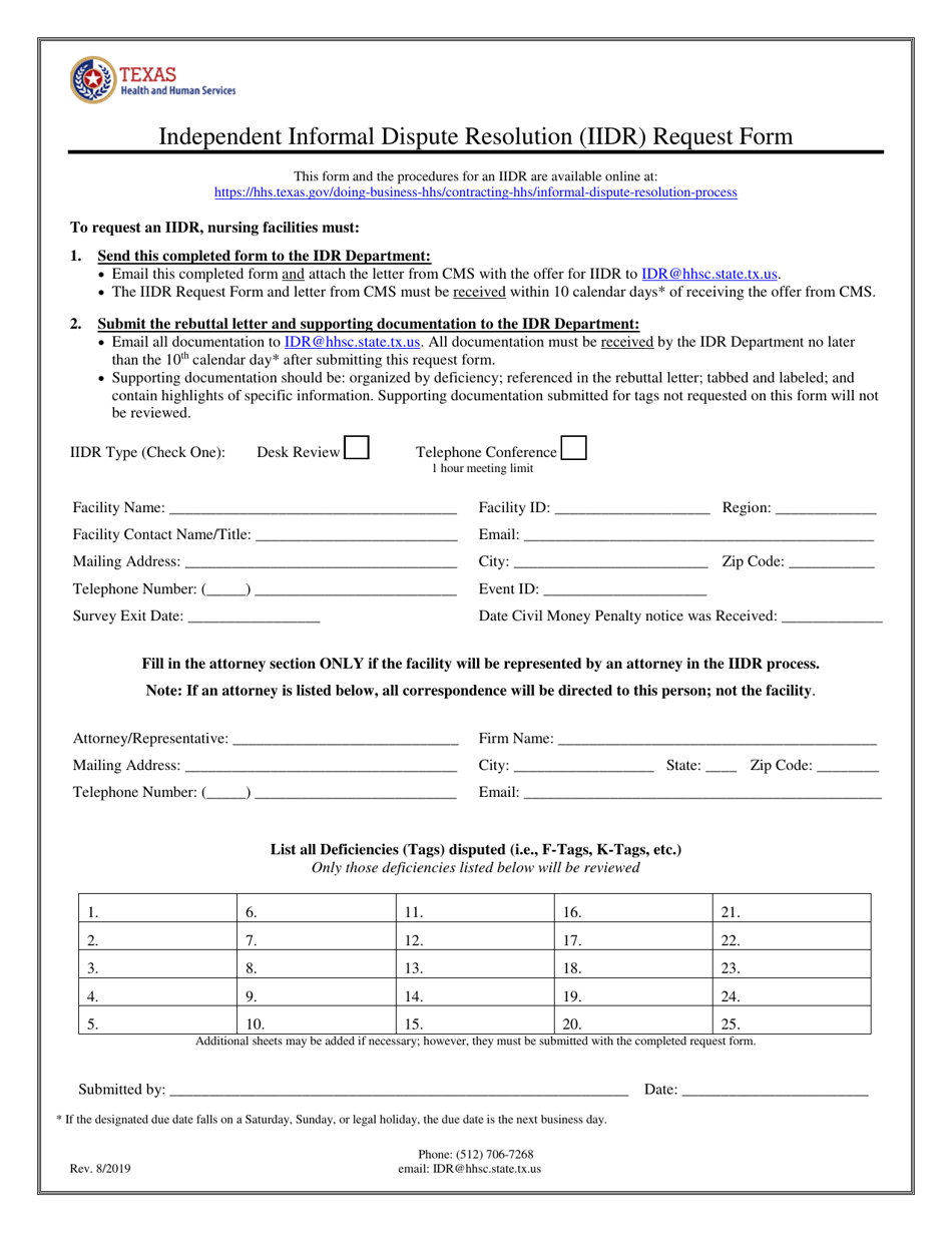 Texas Independent Informal Dispute Resolution (Iidr) Request Form for ...