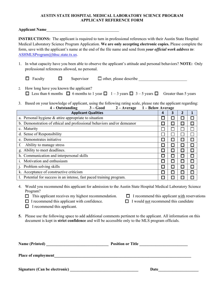 Texas Applicant Reference Form - Austin State Hospital Medical ...