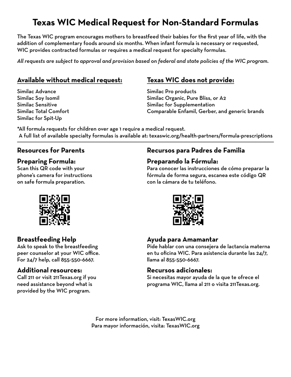 Texas Texas Wic Medical Request for Non-standard Formulas (English ...