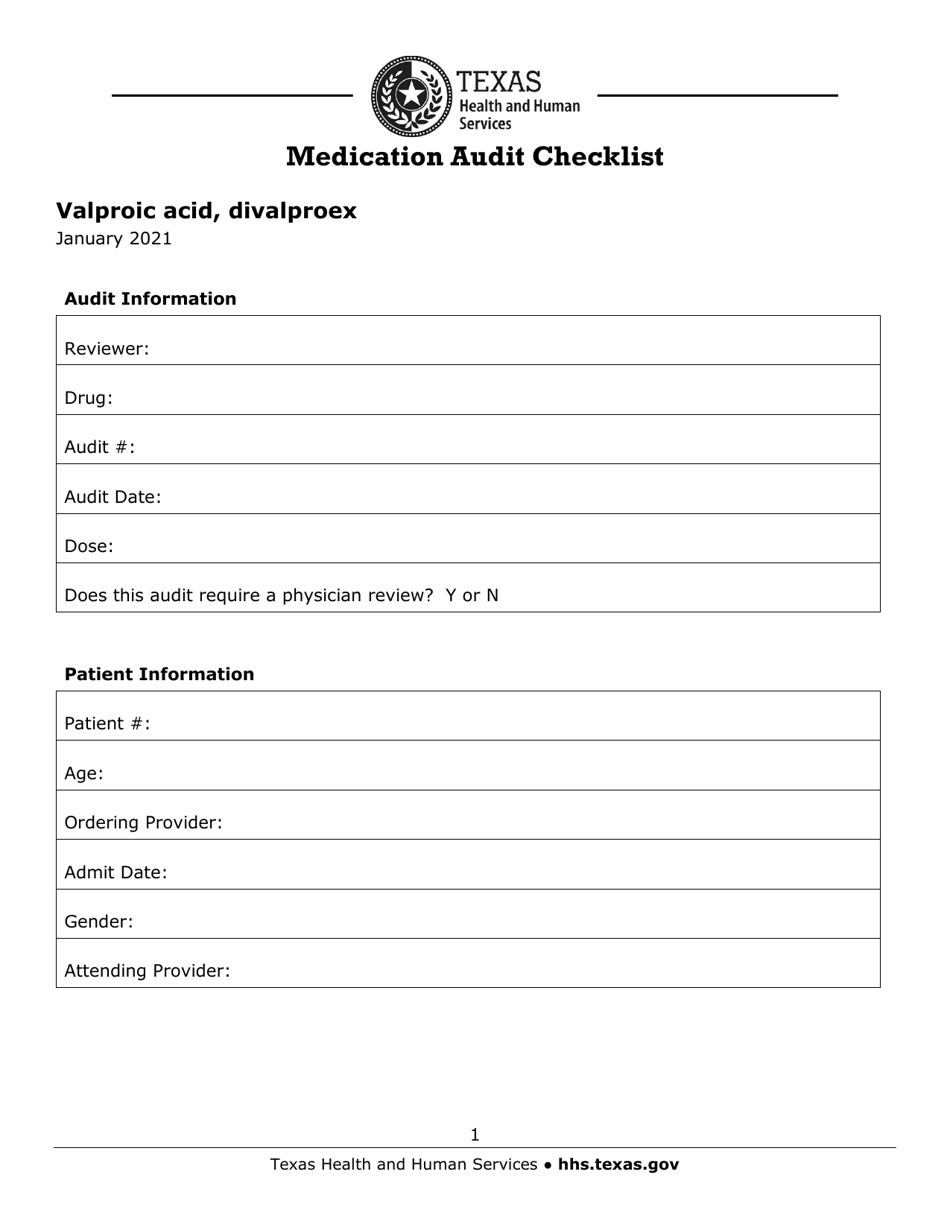 Texas Medication Audit Checklist - Valproic Acid, Divalproex - Fill Out ...