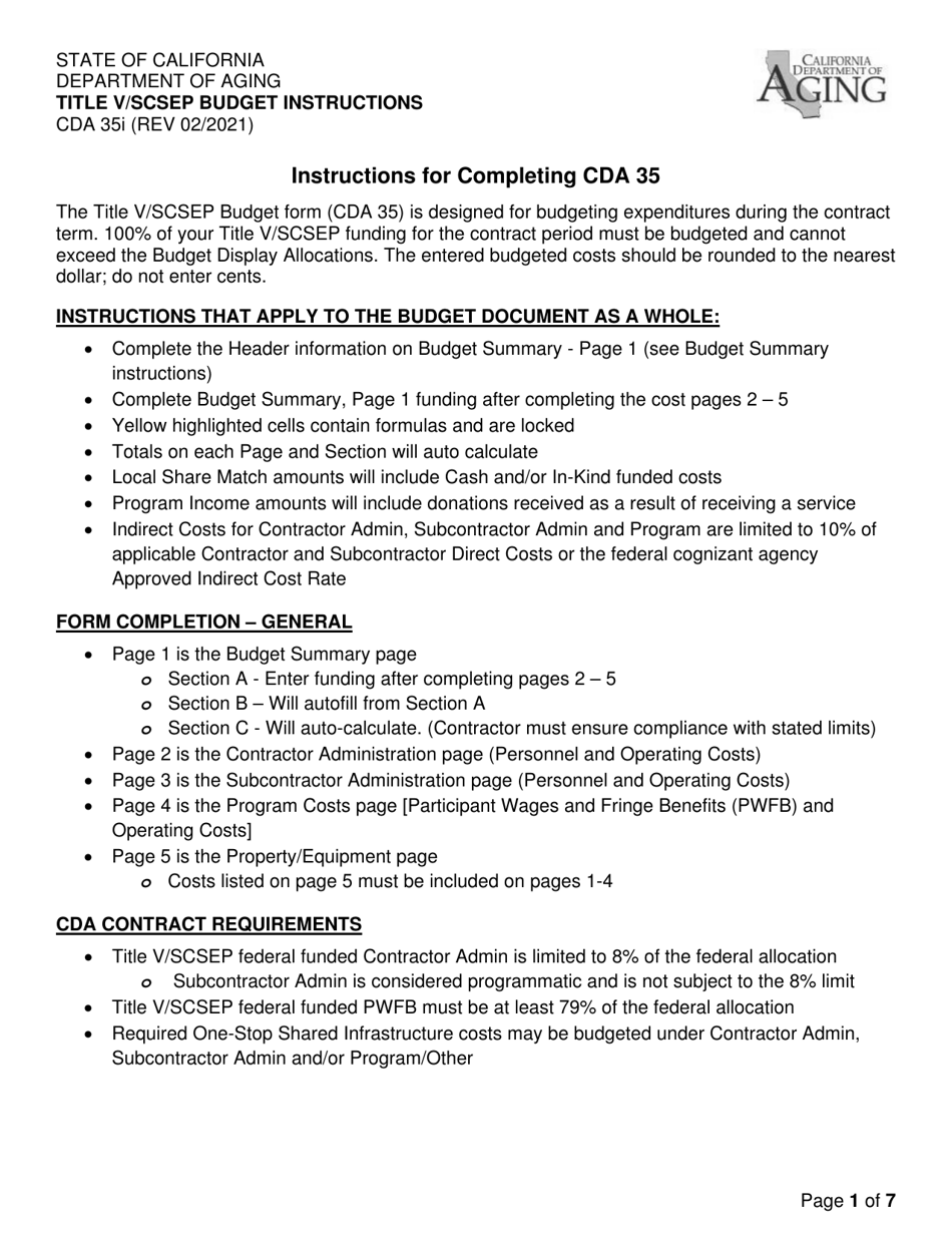 Download Instructions for Form CDA35 Title V/Scsep Budget PDF ...
