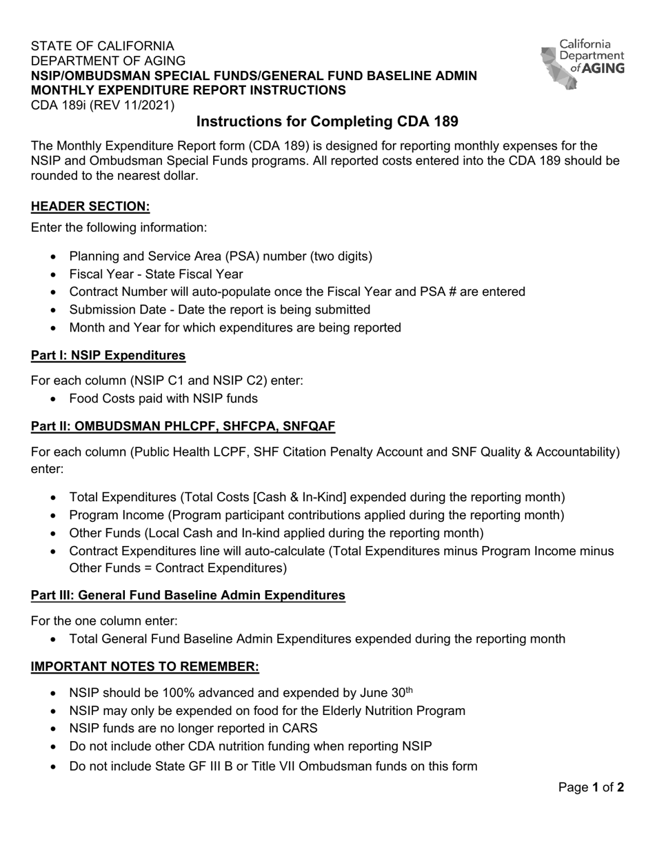 Download Instructions for Form CDA189 Area Plan Nsip/Ombudsman Special ...