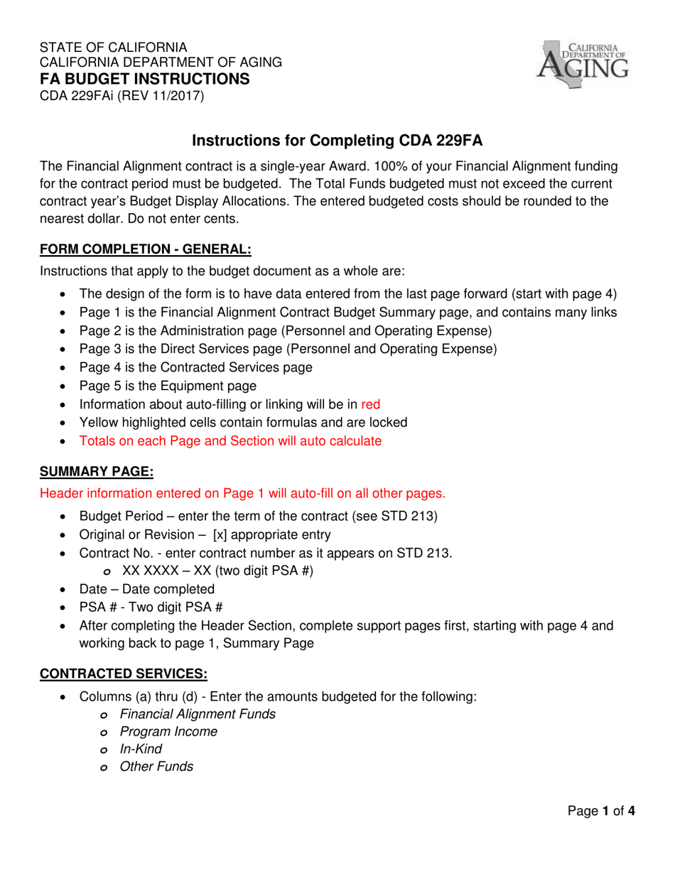 Download Instructions for Form CDA229FA FA Budget PDF | Templateroller