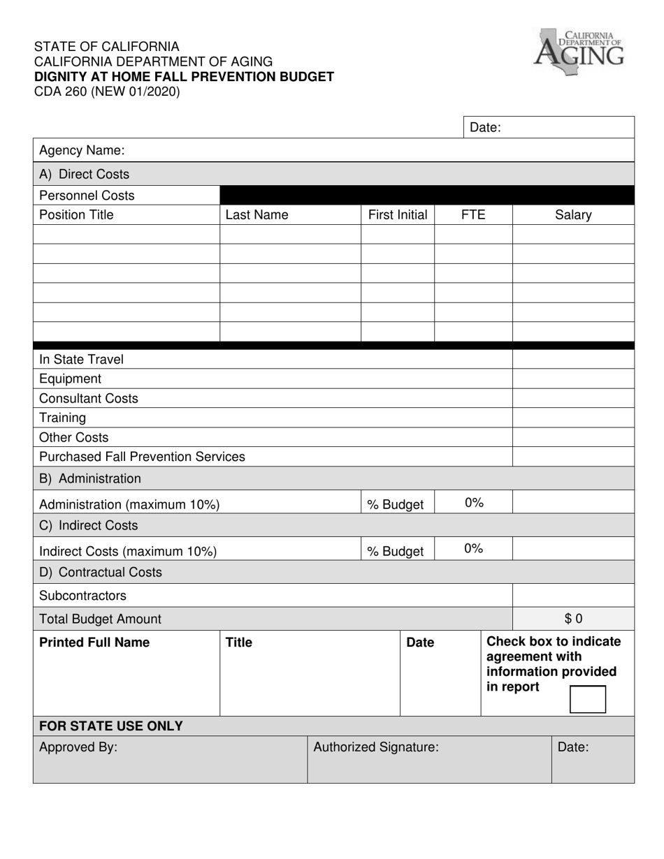 Form CDA260 Download Fillable PDF or Fill Online Dignity at Home Fall ...