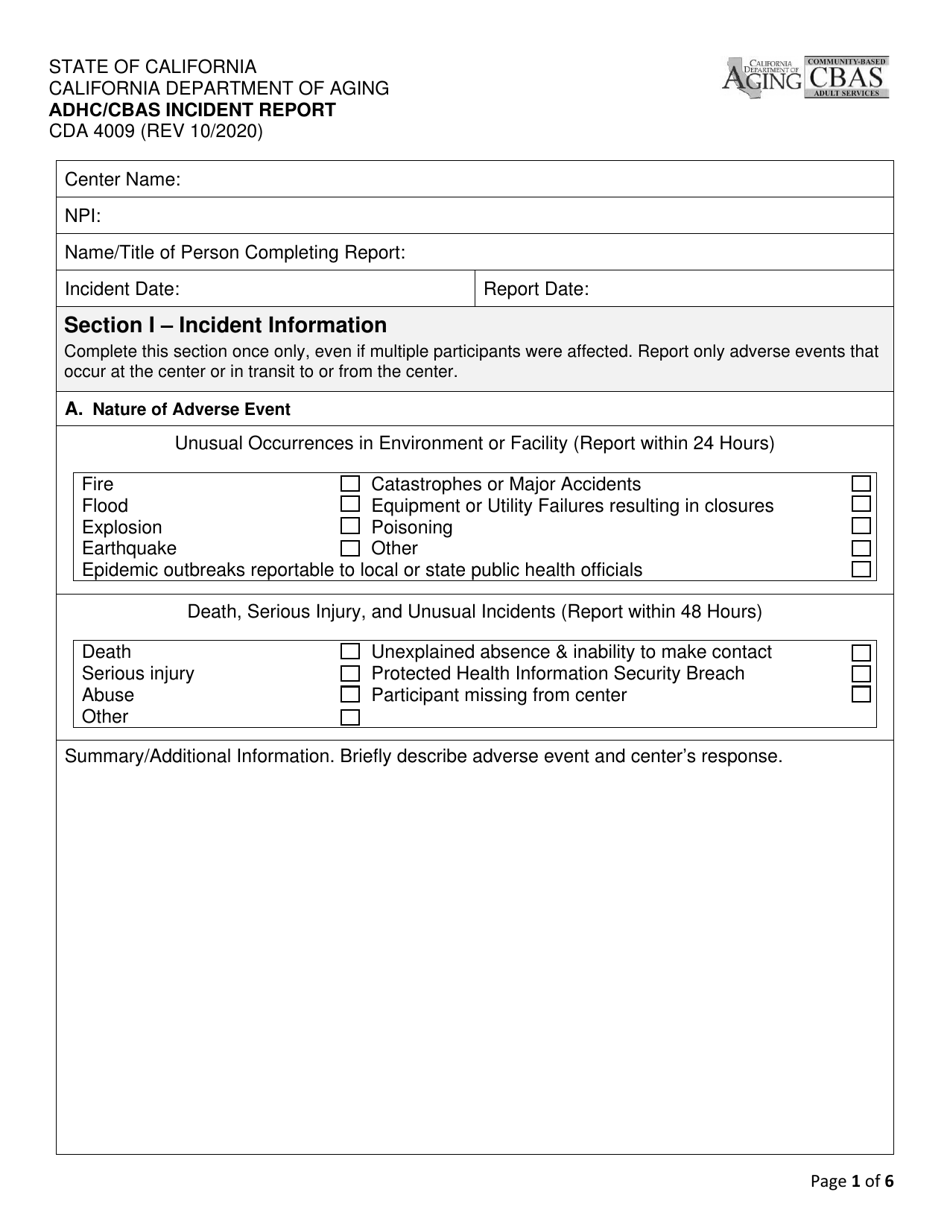 Form CDA4009 - Fill Out, Sign Online and Download Fillable PDF ...