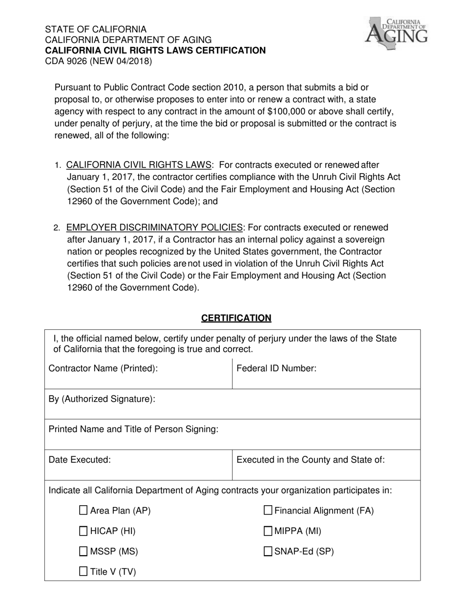 Form CDA9026 - Fill Out, Sign Online and Download Fillable PDF ...
