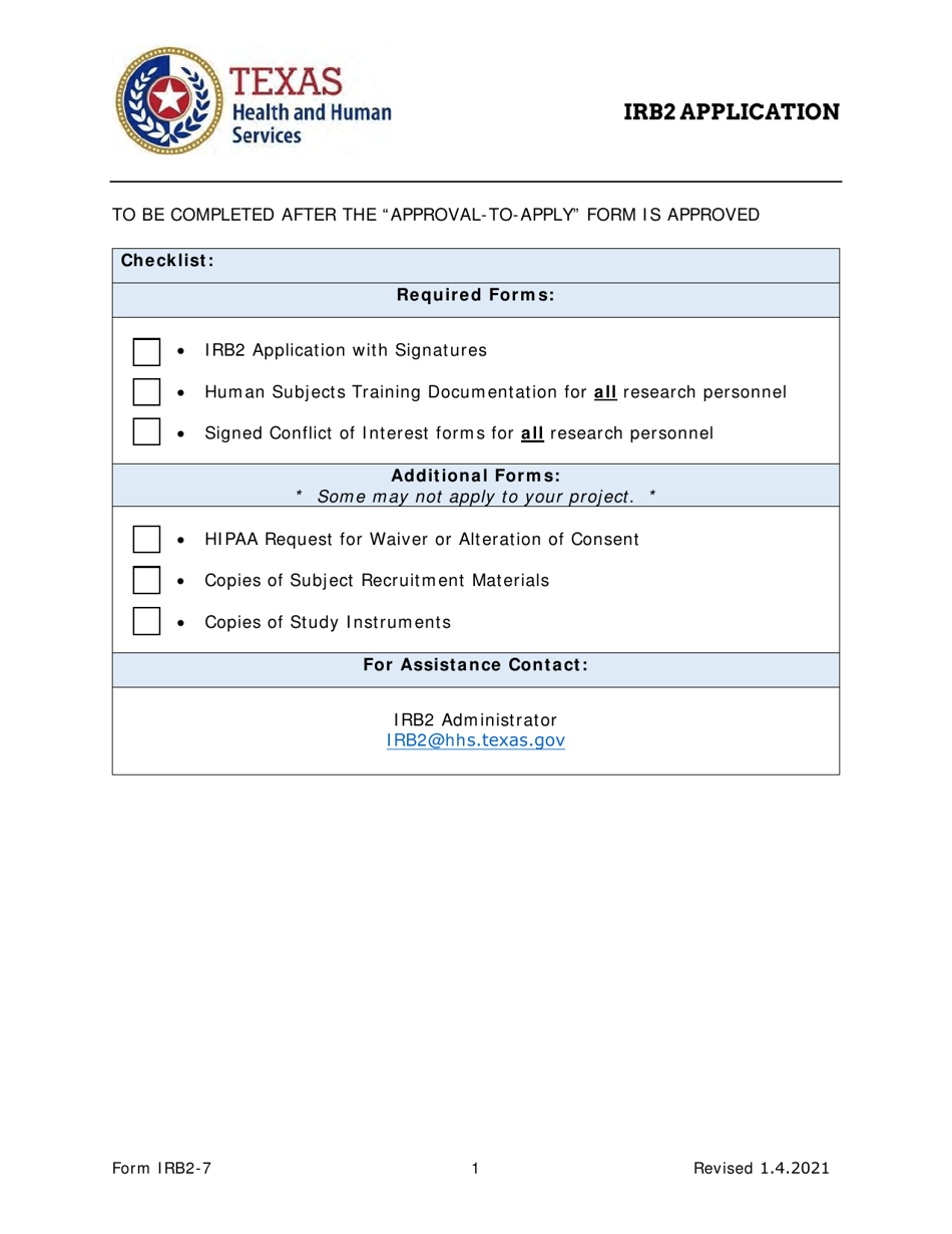 Form IRB2-7 - Fill Out, Sign Online and Download Fillable PDF, Texas ...