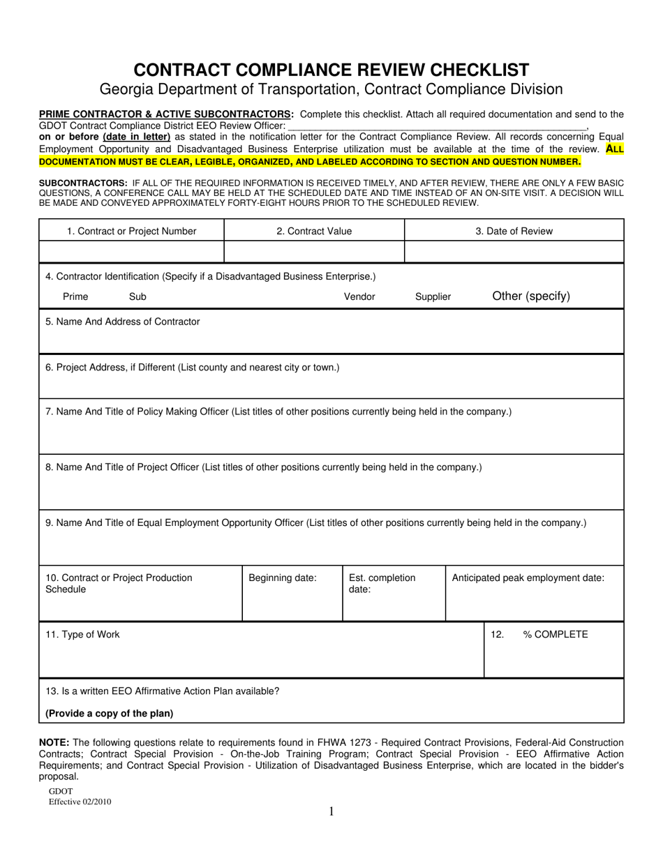 Georgia (United States) Contract Compliance Review Checklist - Fill Out ...