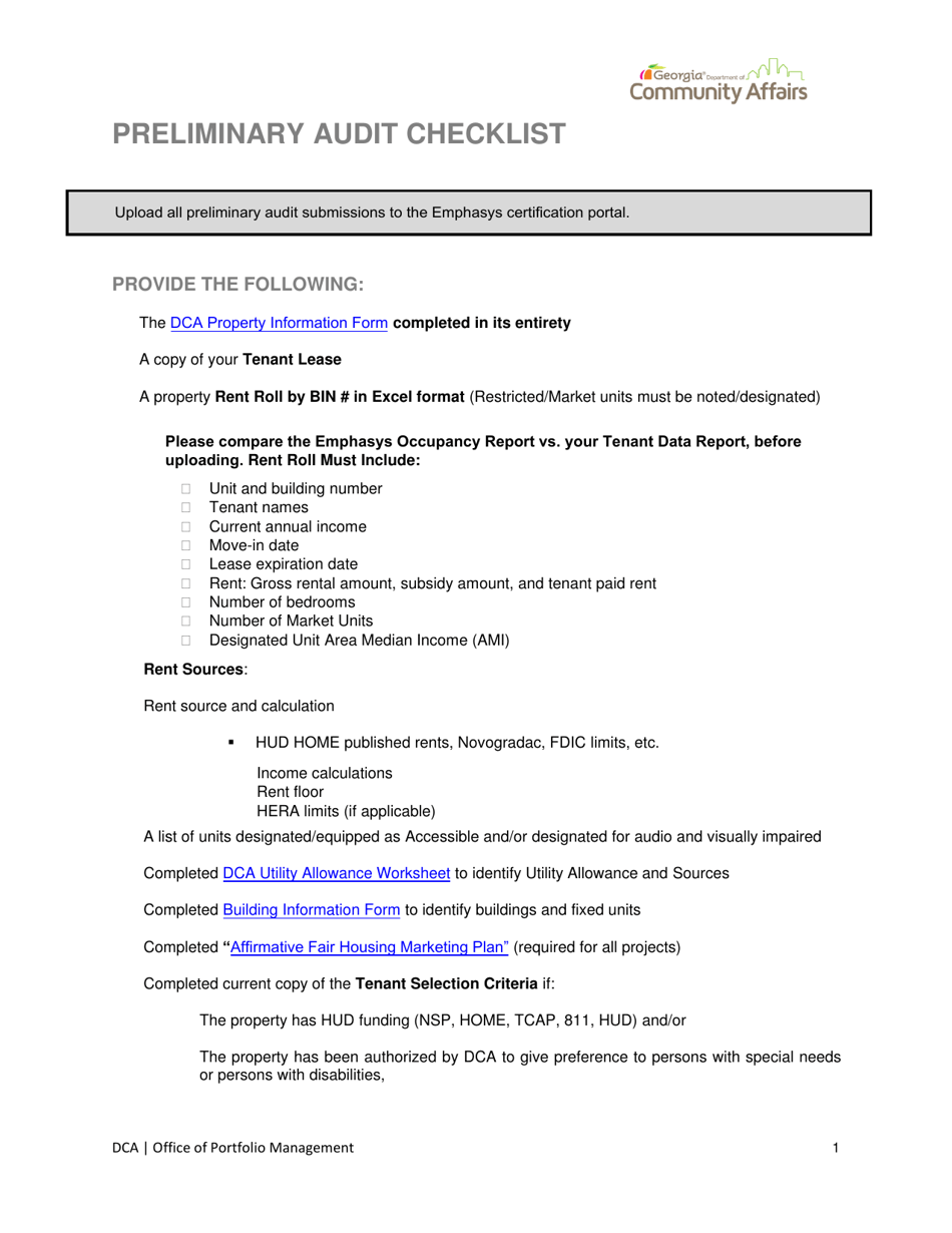 Georgia (United States) Preliminary Audit Checklist - Fill Out, Sign ...