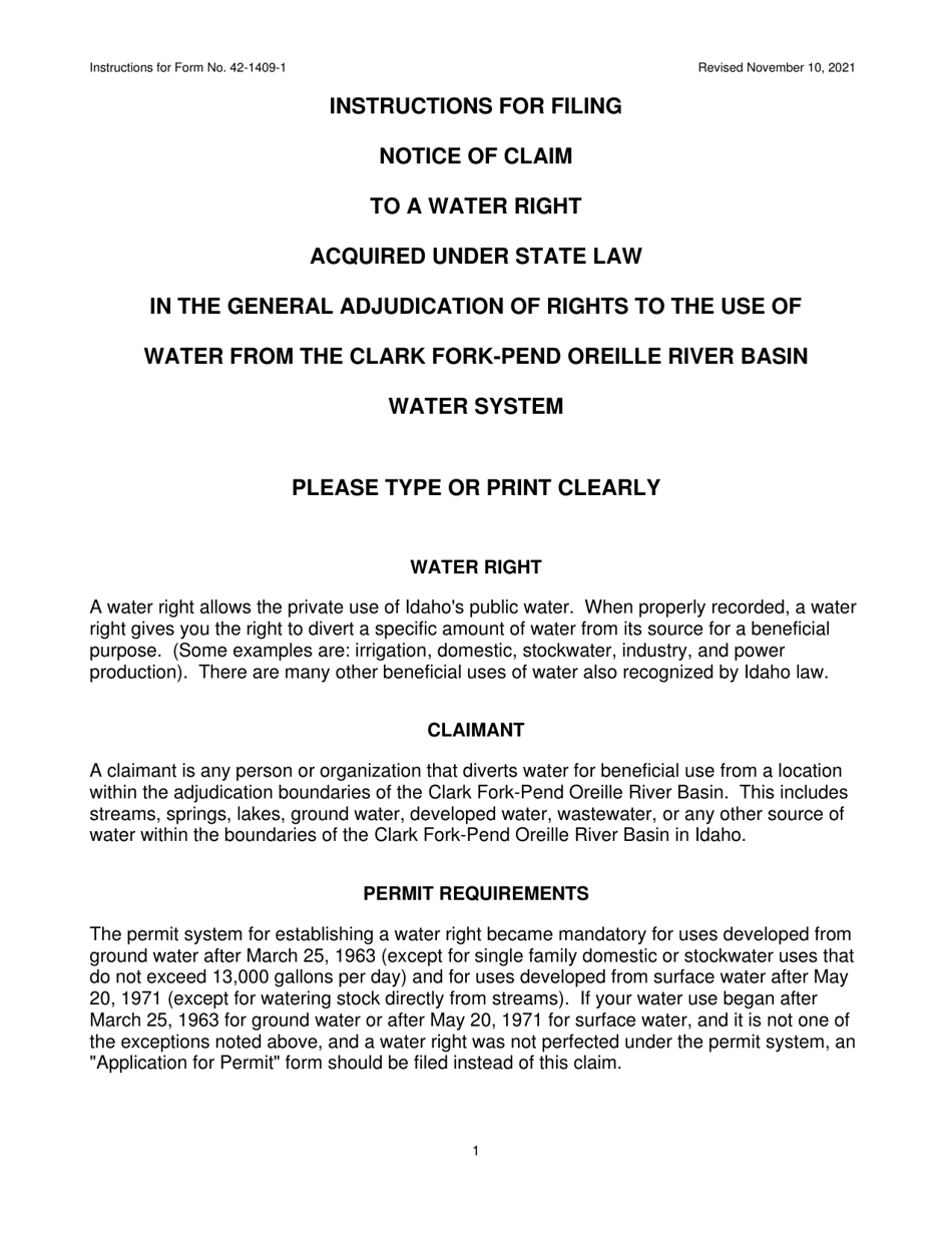 Download Instructions for Form 42-1409-1 Notice of Claim to a Water ...
